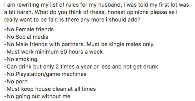 People Outraged By Womans Strict List Of Rules For Husband Starts At 60
